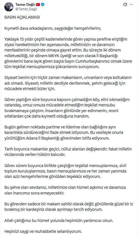 AK Parti Adana İl Başkanı Dağlı istifa etti - Politika Haberleri