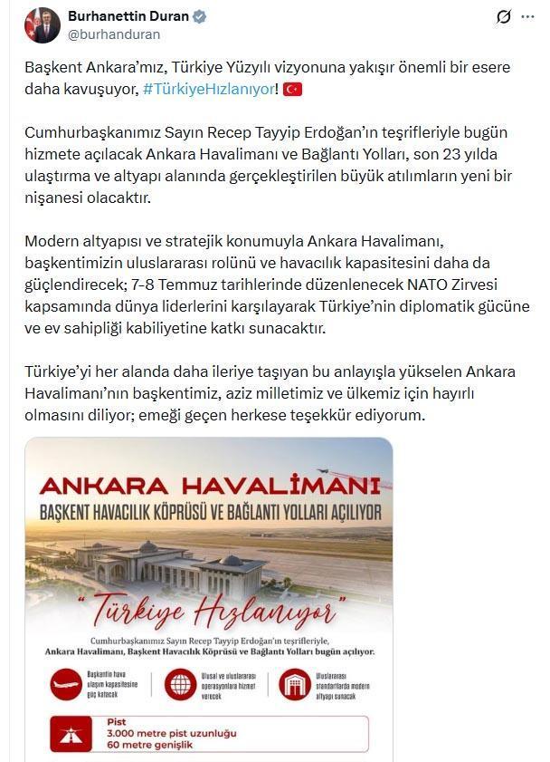 İletişim Başkanı Duran: Ankara Havalimanı, başkentimizin uluslararası ...